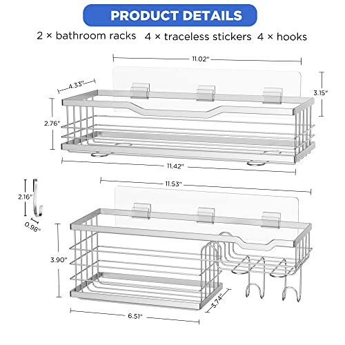 HBlife Self Adhesive Shower Shelves, 2 Pack Shower Caddy with 4 Hooks and Soap Holder, Rustproof Stainless Steel Shower Organizer