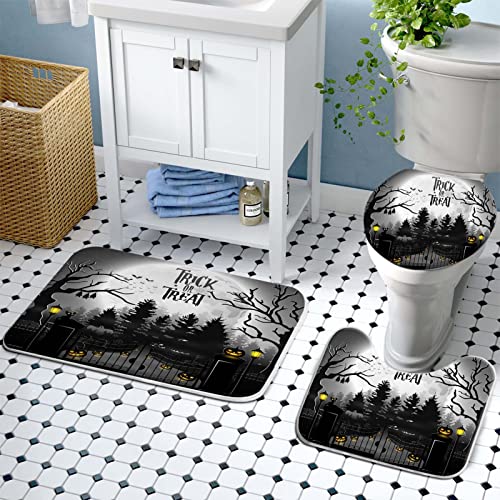 4PC Halloween Bathroom Set, Spooky Graveyard Shower Curtain Set with Shower Curtain and Rugs and Accessories,Bat Cartoon Cat Bathroom Decor with Soft Non-Slip Bath Mat and Toilet Lid Cover Mat