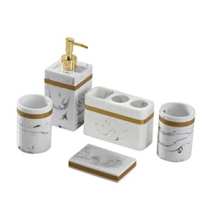 5 pcs bathroom accesary set marble look bathroom sets accessory marble imitation resin with soap dispenser pump, toothbrush holder, 2 rinsing cup, soap dish (white)