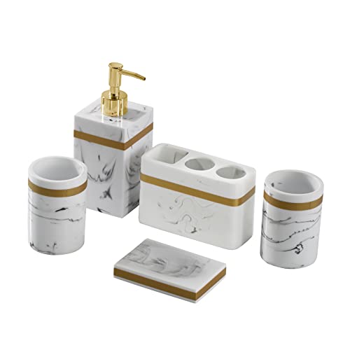 5 Pcs Bathroom Accesary Set Marble Look Bathroom Sets Accessory Marble Imitation Resin with Soap Dispenser Pump, Toothbrush Holder, 2 Rinsing Cup, Soap Dish (White)