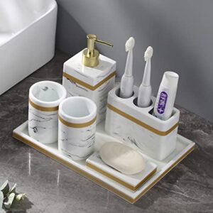 5 Pcs Bathroom Accesary Set Marble Look Bathroom Sets Accessory Marble Imitation Resin with Soap Dispenser Pump, Toothbrush Holder, 2 Rinsing Cup, Soap Dish (White)