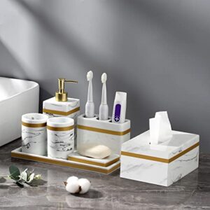 5 Pcs Bathroom Accesary Set Marble Look Bathroom Sets Accessory Marble Imitation Resin with Soap Dispenser Pump, Toothbrush Holder, 2 Rinsing Cup, Soap Dish (White)