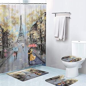 lokmu 4 pcs shower curtain sets with non-slip rugs, toilet lid cover and bath mat,paris european city france eiffel tower waterproof shower curtain with 12 hooks, bathroom decor sets, 72" x 72"