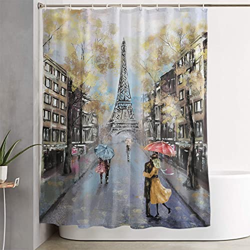 LOKMU 4 Pcs Shower Curtain Sets with Non-Slip Rugs, Toilet Lid Cover and Bath Mat,Paris European City France Eiffel Tower Waterproof Shower Curtain with 12 Hooks, Bathroom Decor Sets, 72" x 72"