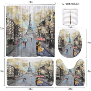 LOKMU 4 Pcs Shower Curtain Sets with Non-Slip Rugs, Toilet Lid Cover and Bath Mat,Paris European City France Eiffel Tower Waterproof Shower Curtain with 12 Hooks, Bathroom Decor Sets, 72" x 72"