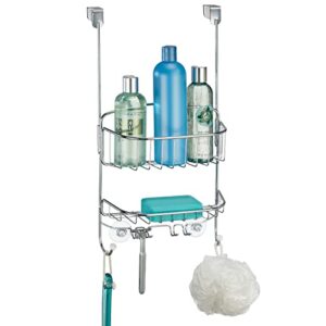 mdesign steel over door hanging shower caddy storage organizer with 2 baskets, 6 hooks - shelf rack for bathroom - holds shampoo, conditioner, soap, towel, sponge - draper collection - chrome/white