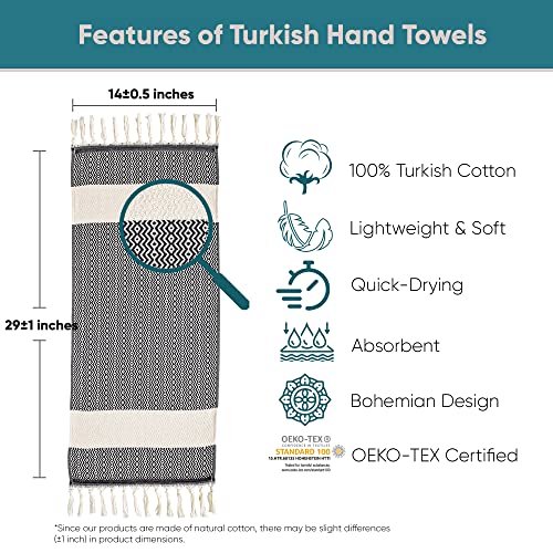 sea me at home 2 Pack Decorative Turkish Hand Towels for Bathroom with Bohemian Design, Dish Towels for Kitchen 100% Turkish Cotton Farmhouse Boho Kitchen Tea Towel Set, 14 x 29 Inches (Black)