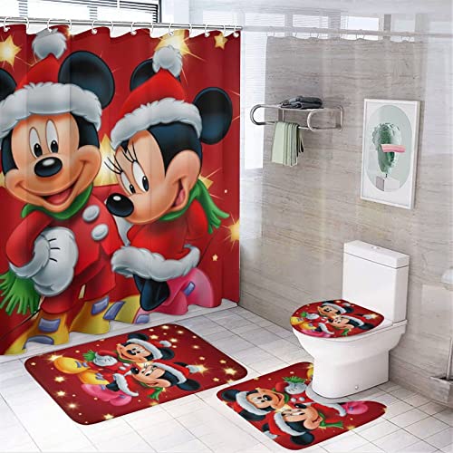 Cartoon 4 Piece Bathroom Set,Shower Curtains for Bathroom Set with Shower Mat Non Slip & Toilet Lid Cover and U Shower Mat Bathroom Rugs Sets