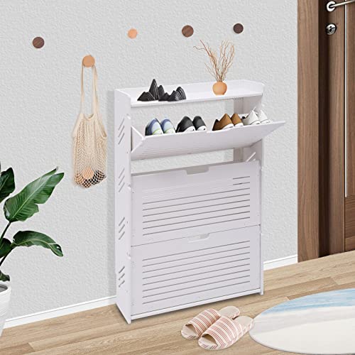 3 Drawer Shoe Cabinet, Freestanding Flip-up Shoe Storage Organizer, Modern Tipping Bucket Shoe Rack for Entryway, Living Room, and Hallway