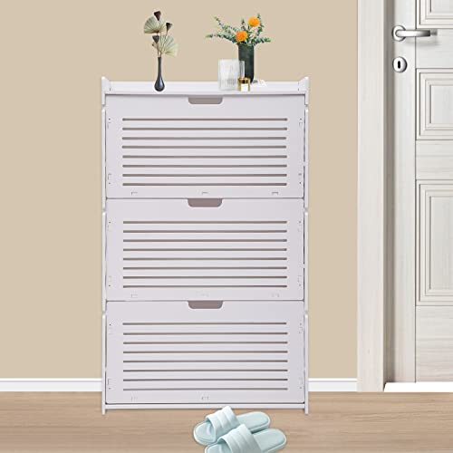 3 Drawer Shoe Cabinet, Freestanding Flip-up Shoe Storage Organizer, Modern Tipping Bucket Shoe Rack for Entryway, Living Room, and Hallway