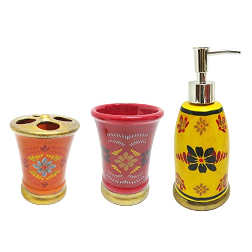 Paseo Road by HiEnd Accents | Bonita Talavera 3 Piece Western Floral Ceramic Countertop Bathroom Accessories Set with Soap Lotion Dispenser, Tumbler, Toothbrush Holder, Rustic Southwestern Style