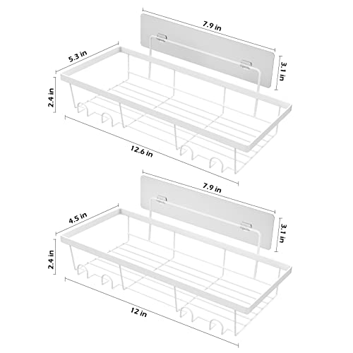 Durmmur 2 Pack Adhesive White Shower Caddy Organizer with Hooks, Rustproof No Drilling Wall Mounted Storage Shelf Rack for Inside Shower/Bathroom/Kitchen