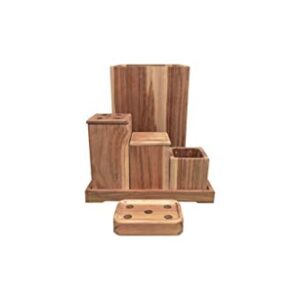 EcoDecors Eleganto 8 Piece Teak Wood Fully Assembled Bathroom Amenities Accessories Set in Natural Finish