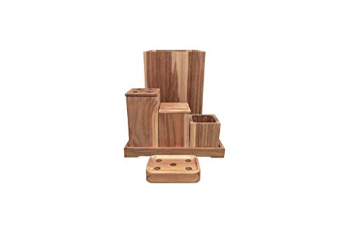 EcoDecors Eleganto 8 Piece Teak Wood Fully Assembled Bathroom Amenities Accessories Set in Natural Finish