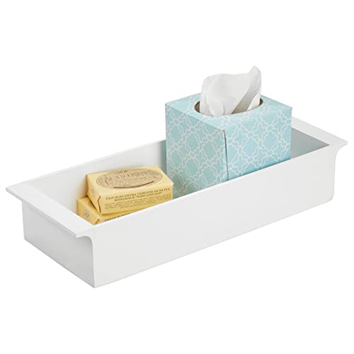 mDesign Deep Bamboo Storage Organizer Tray Bin with Handles, Multipurpose; Use on Bathroom Vanity, Countertop, Toilet Tank - Stackable, 16" Wide - White Wood Finish