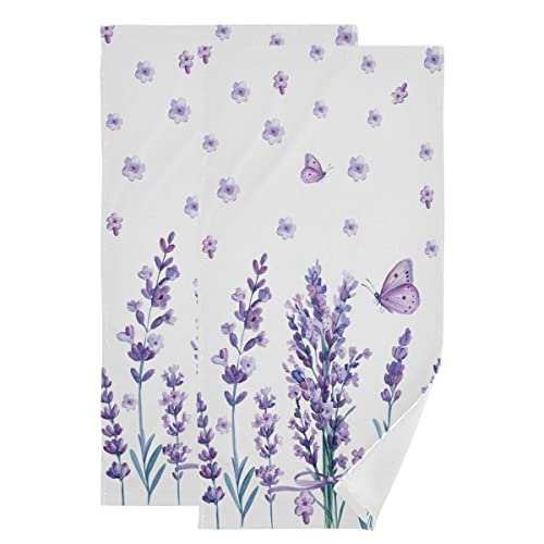 Lavender Flower Hand Towels Purple Butterfly Guest Towels Set of 2 Small Bath Towels Soft Dish Towels for Bathroom Kitchen Gym Decor