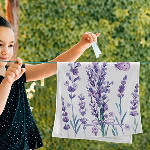 Lavender Flower Hand Towels Purple Butterfly Guest Towels Set of 2 Small Bath Towels Soft Dish Towels for Bathroom Kitchen Gym Decor