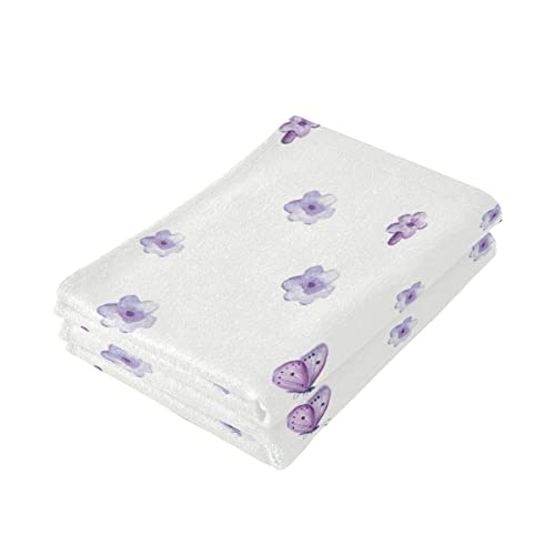 Lavender Flower Hand Towels Purple Butterfly Guest Towels Set of 2 Small Bath Towels Soft Dish Towels for Bathroom Kitchen Gym Decor