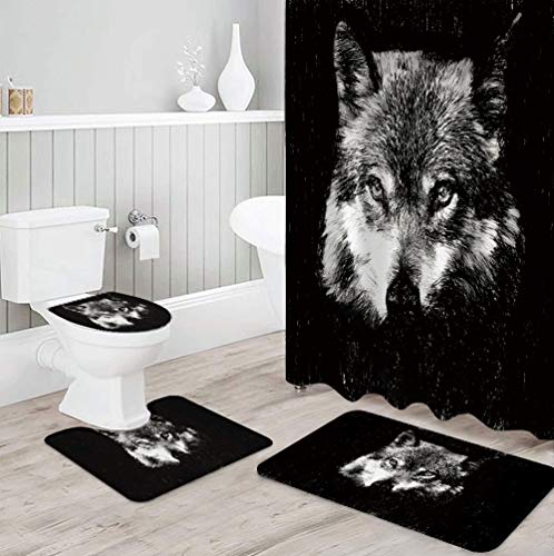 FAMILYDECOR 4 Piece Bathroom Set, Black Wolf Shower Curtain and Bath Mat Set with Non-Slip Rugs, Toilet Lid Cover Modern Waterproof Shower Curtain Set 72x72 Inch