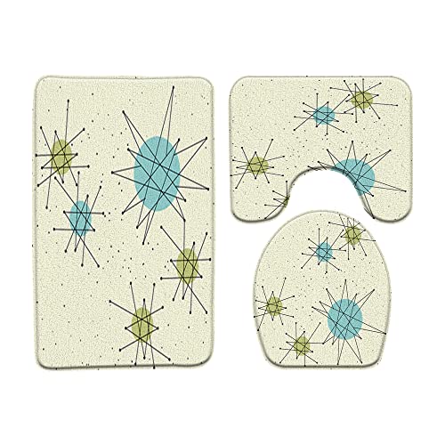 3 Piece Mid Century Modern Bath Mat Sets Vintage Iconic Atomic Starbursts Geometric Shapes Retro 1950S Bathroom Doormat Rugs, Toilet Seat Cover, U-Shaped and Floor Mat