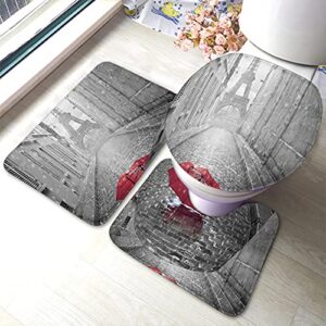 wondertify red umbrella eiffel tower bathroom antiskid pad paris france rainy street 3 pieces bathroom rugs set, bath mat+contour+toilet lid cover black white