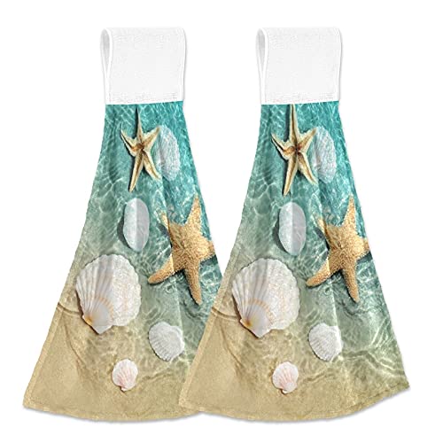 Hanging Towels,2 Pack Kitchen Hand Towel Starfish Seashell On Beach for Hand, Face, Hair, Gym, Yoga, Dishcloth, Kitchen and Bath