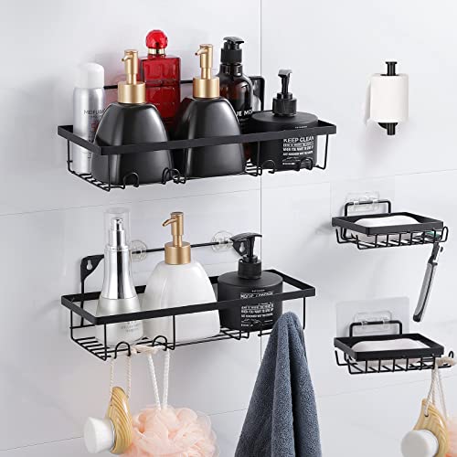 Bathroom Shower Caddy 5 Pack Adhesive Shower Shelves with Soap Holder & Hook Rustproof Shower Rack No Drilling Wall Mounted Bathroom Shower Organizer