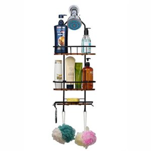 utopia alley tia rustproof teak overhead shower caddy with 3 shelves - decorative shower rack for shampoo & toiletries storage, hanging shower head organizer - black finish