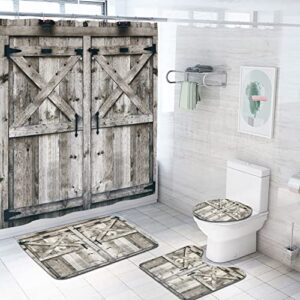 coxila wood barn door shower curtain set wooden gate rural farm house brown contour mat toilet lid cover u shaped bath mat 4 pcs decor bathroom non-slip rug fabric polyester 60x72 inch