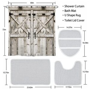 Coxila Wood Barn Door Shower Curtain Set Wooden Gate Rural Farm House Brown Contour Mat Toilet Lid Cover U Shaped Bath Mat 4 Pcs Decor Bathroom Non-Slip Rug Fabric Polyester 60x72 Inch