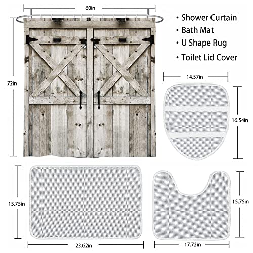 Coxila Wood Barn Door Shower Curtain Set Wooden Gate Rural Farm House Brown Contour Mat Toilet Lid Cover U Shaped Bath Mat 4 Pcs Decor Bathroom Non-Slip Rug Fabric Polyester 60x72 Inch