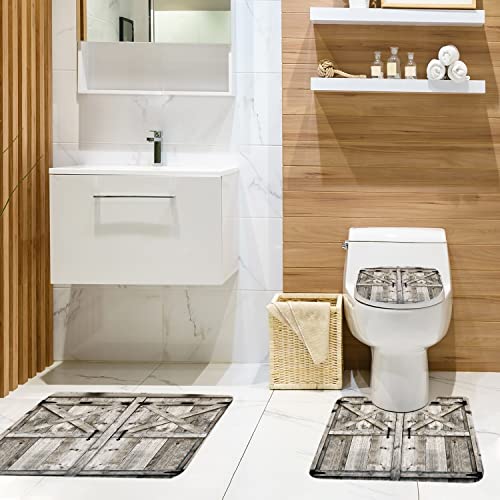 Coxila Wood Barn Door Shower Curtain Set Wooden Gate Rural Farm House Brown Contour Mat Toilet Lid Cover U Shaped Bath Mat 4 Pcs Decor Bathroom Non-Slip Rug Fabric Polyester 60x72 Inch