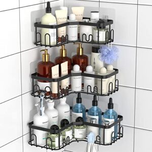 menbyci 3 pack corner shower caddy, stainless steel corner shower shelf with 18 hooks, adhesive shower shelves shower organizer corner for bathroom storage (black)