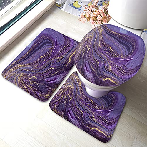 WONDERTIFY Marble Ripple Bathroom Antiskid Pad Violet Marbling Texture 3 Pieces Bathroom Rugs Set, Bath Mat+Contour+Toilet Lid Cover Purple Gold Glitter Powder Silver