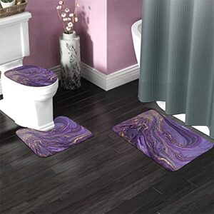 WONDERTIFY Marble Ripple Bathroom Antiskid Pad Violet Marbling Texture 3 Pieces Bathroom Rugs Set, Bath Mat+Contour+Toilet Lid Cover Purple Gold Glitter Powder Silver