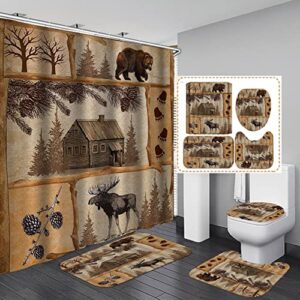 jayden madge 4pcs brown farmhouse shower curtain set with rugs, country pine tree woodland vintage cabin wild animal hunting lodge elk moose deer black bear paw print rustic bathroom decor, pine cones