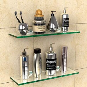 geekdigg 2 sets glass shelves for bathroom, no drilling shower caddy glass shelves for wall glass bathroom storage organizer shelf with aluminum bracket for bathroom, shower, kitchen, laundry