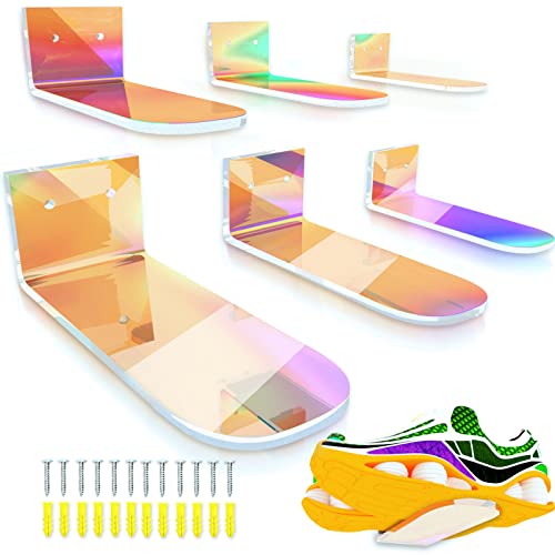 RORKIM Iridescent Acrylic Floating Shoe Display,Rainbow Sneaker Shelves Wall Mounted Organizer Stand for Displaying Collections Shoe Box,Sneaker Display for Bedroom Hallways etc(6pcs)