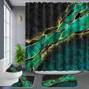 poedist 4 pcs gold edge marble bathroom shower curtain set, bathroom sets with shower curtain and rugs(bath mat,u shape and toilet lid cover mat) and 12 hooks-green