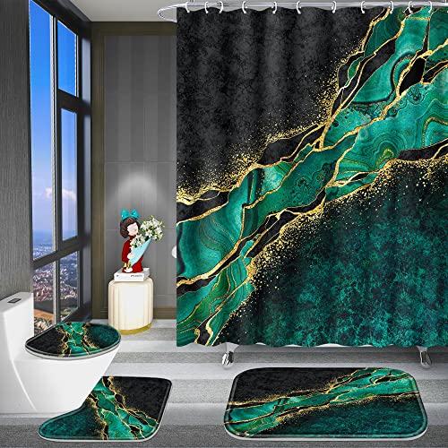 Poedist 4 Pcs Gold Edge Marble Bathroom Shower Curtain Set, Bathroom Sets with Shower Curtain and Rugs(Bath Mat,U Shape and Toilet Lid Cover Mat) and 12 Hooks-Green