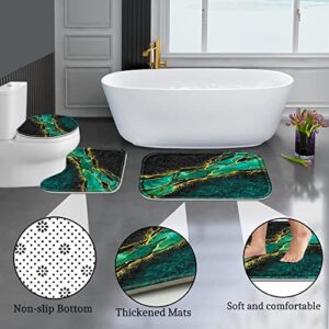 Poedist 4 Pcs Gold Edge Marble Bathroom Shower Curtain Set, Bathroom Sets with Shower Curtain and Rugs(Bath Mat,U Shape and Toilet Lid Cover Mat) and 12 Hooks-Green