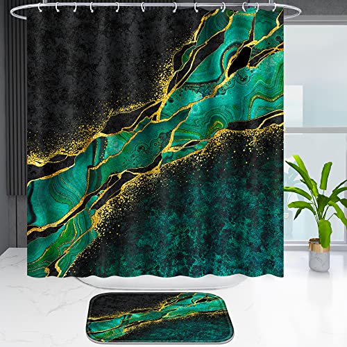 Poedist 4 Pcs Gold Edge Marble Bathroom Shower Curtain Set, Bathroom Sets with Shower Curtain and Rugs(Bath Mat,U Shape and Toilet Lid Cover Mat) and 12 Hooks-Green