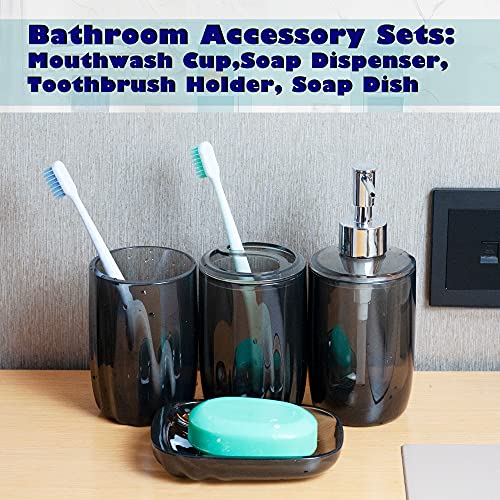 YOSXICC Home/Hotel Premium Bathroom Washing Room Countertop Accessory Set, 4-in-1 Bathroom Accessory Set, Toothbrush Holder,Soap Dispenser/Bath Liquid Bottle, Soap Dish/Box,Mouthwash Cup (Light Black)