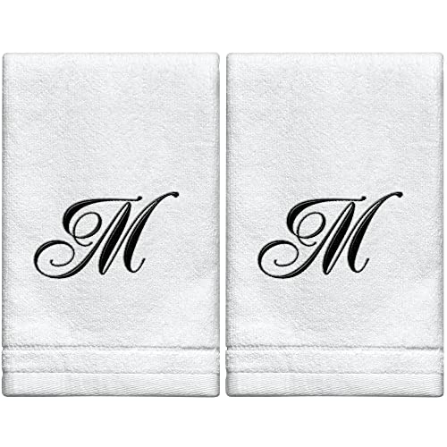 Personalized Initial Fingertip Towels - 2 Pack 11x18 - Black Embroidery On White Towel, Modern Monogrammed Towels, Great Personalized Initial Gift for Women, Teachers, Friends, Bridesmaids Initial M