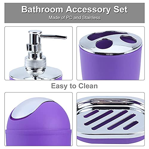 Ejoyous 6Pcs Bathroom Accessories Set Plastic Bath Gift Set Include Cup, Toothbrush Holder, Soap Holder, Hand Sanitizer Bottle, Bins, Toilet Brush, Purple