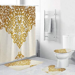 sungfine 4 pcs boho shower curtains for bathroom with rugs,beige gold non-slip washable bath mats sets with toilet lid cover, u-shaped pedestal rugs and waterproof bathtub curtains with hooks (gold)