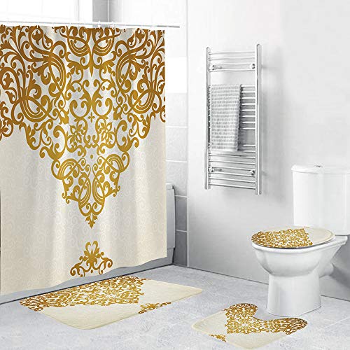 SUNGFINE 4 Pcs Boho Shower Curtains for Bathroom with Rugs,Beige Gold Non-Slip Washable Bath Mats Sets with Toilet Lid Cover, U-Shaped Pedestal Rugs and Waterproof Bathtub Curtains with Hooks (Gold)