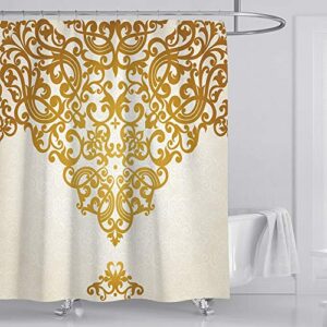 SUNGFINE 4 Pcs Boho Shower Curtains for Bathroom with Rugs,Beige Gold Non-Slip Washable Bath Mats Sets with Toilet Lid Cover, U-Shaped Pedestal Rugs and Waterproof Bathtub Curtains with Hooks (Gold)