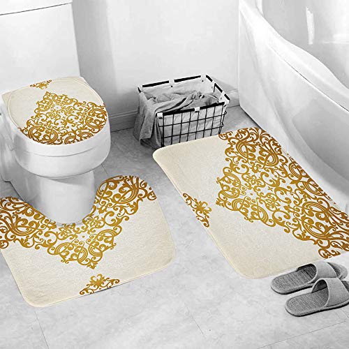 SUNGFINE 4 Pcs Boho Shower Curtains for Bathroom with Rugs,Beige Gold Non-Slip Washable Bath Mats Sets with Toilet Lid Cover, U-Shaped Pedestal Rugs and Waterproof Bathtub Curtains with Hooks (Gold)