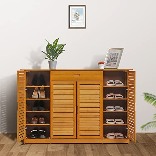 MoNiBloom Bamboo Shoe Storage Cabinet Shelf Stand with 2 Double Shutter Doors & 1 Drawer for 26-30 Pairs Entryway Hallway Living Room Bedroom, Brown